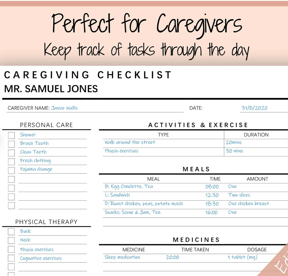 Caregiving Elderly Care Checklist. EDITABLE Printable is ideal for Car ...